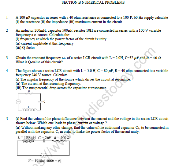 CBSE Class 12 Physics Alternating Current Worksheet Set B